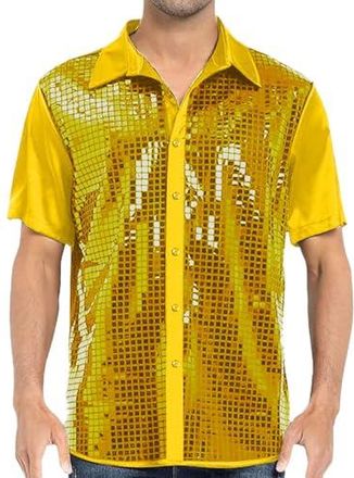 Generic Chemise &agrave; manches courtes pour homme avec col &agrave; revers scintillant - Chemise boutonn&eacute;e &agrave; paillettes - Coupe d&eacute;contract&eacute;e et confortable - V&ecirc;tements de