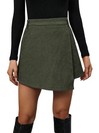 SOLY HUX Jupe &eacute;l&eacute;gante en velours c&ocirc;tel&eacute; pour femme - Ourlet asym&eacute;trique - Mini jupe avec short - Vintage - Jupe en velours c&ocirc;tel&eacute; - Avec fermeture &eacute;clair, Ver