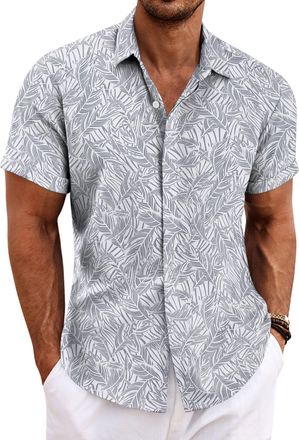 Coofandy Herren Hawaiihemd Sommer Kurzarmhemd Freizeit Blumen Urlaub Strandhemd Button Down Hemden Schwarz-wei&szlig;e Grau Bl&auml;tter XL