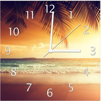 Wallario Design-Wanduhr Sonnenuntergang am Strand in der Karibik aus Glas, Motiv-Uhr Gr&ouml;&szlig;e 30 x 30 cm, wei&szlig;e Zeiger