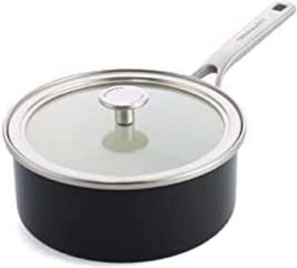 KitchenAid Steel Core Enamel Stielkasserolle mit Deckel (20cm/2,4l), deutsche Emaille, Induktionsgeeignet, backofenfest, spülmaschinenfest, Onyx Schwarz