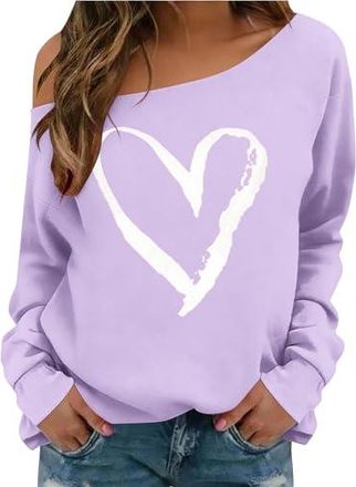 Generic Sweat-shirt &agrave; &eacute;paules d&eacute;nud&eacute;es avec imprim&eacute; coeur pour femme - Manches longues - Col rond - Pull d&eacute;contract&eacute; - Violet