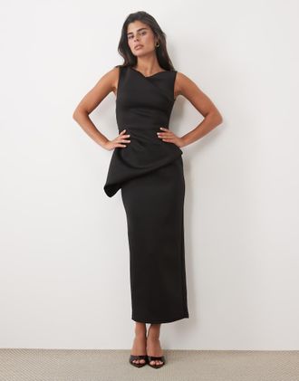 Asos robe midi asym&eacute;trique drap&eacute;e en tissu style scuba noir