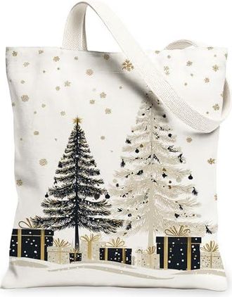 Generic Sacs fourre-tout en toile motif arbres de No&euml;l, sacs r&eacute;utilisables &eacute;l&eacute;gants pour lhiver, vintage, lavable, bandouli&egrave;re en toile pour voyage, pique-niq