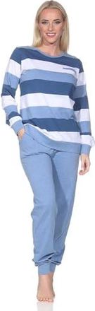 Normann Pyjama à manches longues pour femme avec poignets aspect rayures bloc - également en grandes tailles, Bleu chiné., 56-58