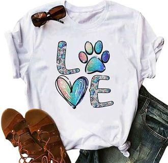 Keephen Patte de Chien Amour Coeur T-Shirt Femmes Mignon Patte de Chien Impression 3D Manches Courtes Tee Shirt &Eacute;t&eacute; Grande Taille Col Rond Pullover Tops