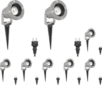 LEDs Com 8 Stück Gartenstrahler DUK mit Erdspieß für außen, IP65, Stecker, grau, inkl. GU10 LED 510lm warmweiß