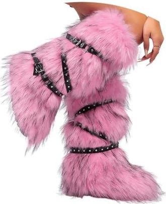 ORANDESIGNE Femme Bottine en Peluche Fourrure Hiver Bottes de Neige Plate Bottines Fourrées Y2K avec Boucle de Ceinture A Rose Foncé 42 EU