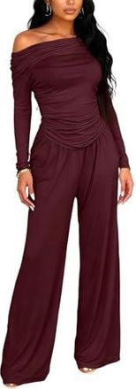 Generic Ensemble 2 pi&egrave;ces &agrave; &eacute;paules d&eacute;nud&eacute;es pour femme - Chemises &agrave; manches longues - Pantalon large - Extensible - Ample - &Eacute;paules d&eacute;nud&eacute;es, Rouge, XL