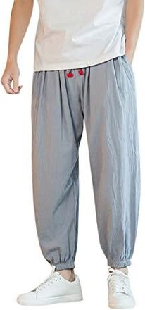 Generic Pantalon d&eacute;t&eacute; en lin pour homme - Pantalon bouffant avec poignets - Pantalon sarouel avec taille &eacute;lastique - Pantalon de plage l&eacute;ger - Pantalon de loi