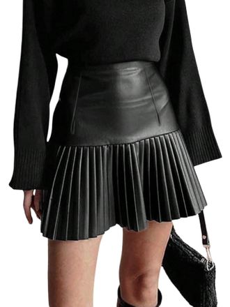 SOLY HUX Damen PU Leder Rock Elegant Minirock Kurze Röcke mit Rüschensaum A-Linie Partyrock Rave Clubröcke Herbstrock Festivalrock Schwarz XL