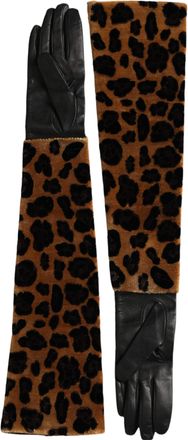 Dolce & Gabbana Womens Brown Black Leopard Leather Elbow Length Gloves And Viscose