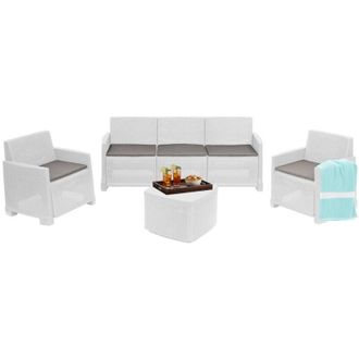 Dmora Dmora - Salon dext&eacute;rieur Dbellucc, Salon de jardin avec 2 fauteuils, 1 canap&eacute; et 1 table de rangement, Effet rotin avec coussins, 100% Made in