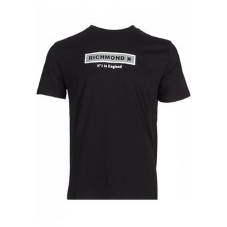 John Richmond Homme, Tops, Noir, Taille: M T-shirt en Coton Noir avec Logo Blanc