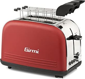 Girmi TP57 Toaster, 800 W, Edelstahlgehäuse und Zange, große Schlitze, Timer, 8 Kochstufen, automatische Abschaltung, Krümelauffangschale, Rot
