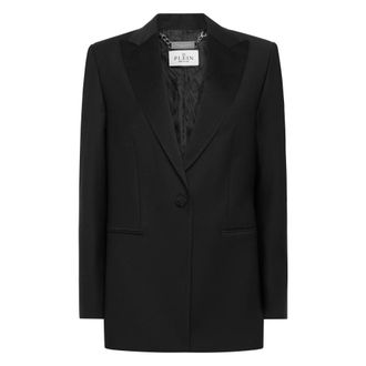 Philipp Plein Femme, Vestes, Noir, Taille: 40 FR Blazer en laine Coupe Boyfriend Face Strass