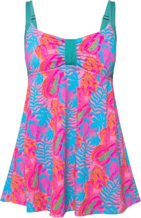 Ulla Popken Damen große Größen Übergrößen Plus Size Badekleid, Neon-Blätterdruck, Softcups, Powermesh-Futter türkisblau 48 827645758-48