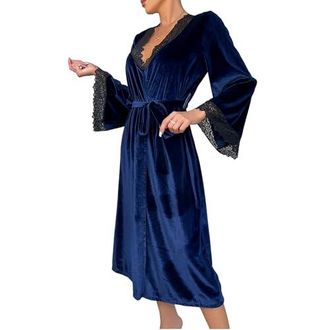 Generic Robe de Nuit Femme Longue Velours Manches Longues Dentelle Ceinture Pyjama Détente Chaud Doux
