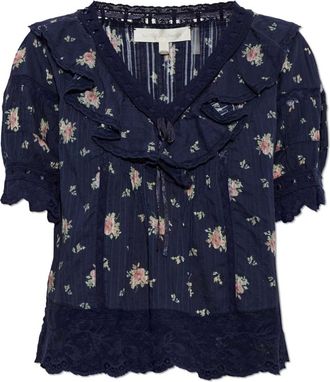 LoveShackFancy Loveshackfancy - Blouse Romilly Fleurie en Coton - Femme - Blouses et Chemises - Bleu - Taille: 36 FR