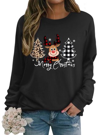 Dresswel Weihnachtspullover Damen Merry Christmas Sweatshirt Lustig Rudolph Rentier Druck Baumwolle Weihnachten Weihnachts Xmas Pullover Weihnachtspulli Teenag
