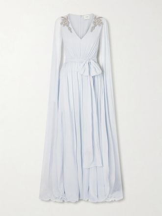 Erdem Robe Du Soir Effet Cape En Cr&eacute;pon De Soie &Agrave; Cristaux Et &Agrave; Ceinture - Bleu