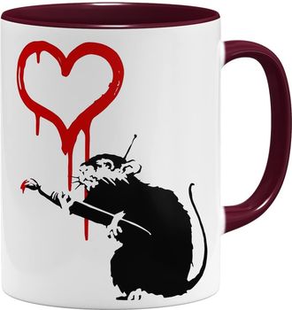 OM3 Love Heart Rat Banksy Tasse - Keramik Becher - 11oz 325ml - Beidseitig Bedruckt - Bordeaux