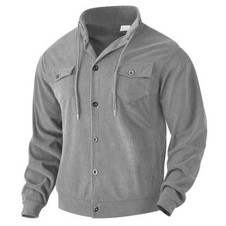 Generic Veste en velours c&ocirc;tel&eacute; pour homme, &agrave; manches longues avec boutonni&egrave;re et deux poches plaqu&eacute;es, gris, L