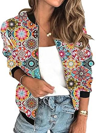 Minetom Veste Femme Motard Blouson Printemps Été Léger Bomber Blouson Outwear Zippé Imprimé Floral Court Jacket A Rouge XL