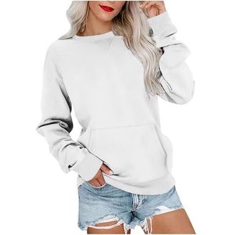 Generic Sweatshirt d&eacute;contract&eacute; &agrave; col ras du cou mignon pull tops col rond sans capuche pour femme avec poche kangourou, blanc, XXL
