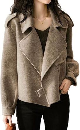 Generic Cropped Trench Coat for Women Wool Blend Coats Notched Lapel Pea Coat Open Front Trench Overcoat Jackets Khaki XX Large