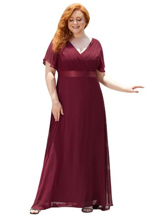 Ever-pretty Plus Damen Abendkleid Brautjungfer Chiffon A-Linie V Ausschnitt lang Burgundy 40