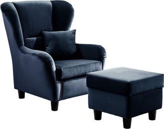 Lifestyle4Living Moderner Ohrensessel mit Hocker - Große Auswahl an Stoffen und Farben - Gemütlicher Designer-Sessel im eleganten Landhaus-Stil, Samtblau