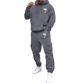 Generic Survêtement 2 pièces pour homme Imprimé cocotier Manches longues Sweat à capuche Pantalon de jogging Ensemble de survêtement tendance, gris foncé, XXL