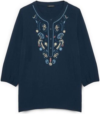 Fiorella Rubino Femme, Blouses et Chemises, Bleu, Taille: 52 FR Blouse avec broderie cachemire en viscose