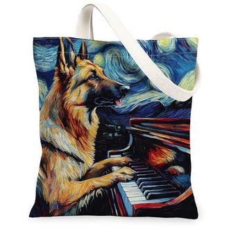 Generic Sac fourre-tout r&eacute;utilisable en toile pour le shopping Motif chien berger allemand 33 x 38,1 cm, motif piano nocturne &eacute;toil&eacute;, sac d&eacute;picerie r&eacute;utilisab