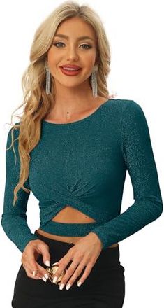 Allegra K Col Rond Manches Longues &agrave; d&eacute;coupes et Paillettes pour Femmes Vert L