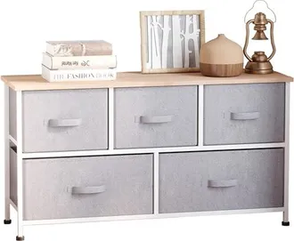 HOMCOM Commode Meuble de Rangement 100 x 30 x 54 cm 5 tiroirs Non-tiss&eacute;s Gris Structure Acier Blanc Bois Clair