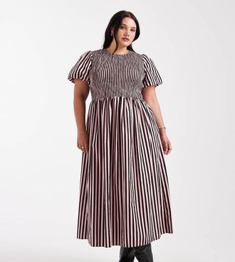 New Look Plus New Look Curve - Gesmoktes Midikleid in Rosa mit Streifenmuster