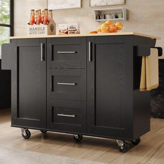 Liberte &Icirc;lot de cuisine mobile avec plan de travail pliable, tiroirs, rangements et roulettes - Noir