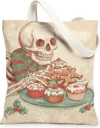 Generic Sacs fourre-tout en toile motif squelette de No&euml;l, sacs d&eacute;picerie r&eacute;utilisables, l&eacute;gers et lavables avec bandouli&egrave;re, beige, 13x15 Inch