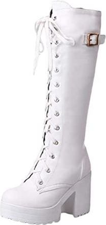 Minetom Bottes Femme PU Cuir Bottes À Lacets Gothiques Punks Boots Automne Hiver Talon Bloc Plateforme Bottes Hautes Chaussure A Blanc 38 EU