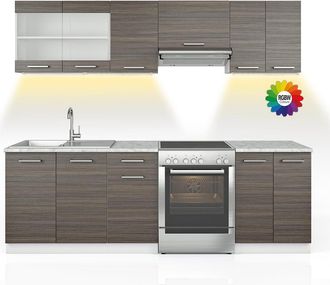 Vicco K&uuml;chenzeile Raul, K&uuml;chenblock, Edelgrau, 240 cm, AP Marmor mit LED-Leisten