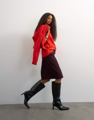 Topshop jupe crayon en denim taille basse ann&eacute;es 90 en aubergine-Marron