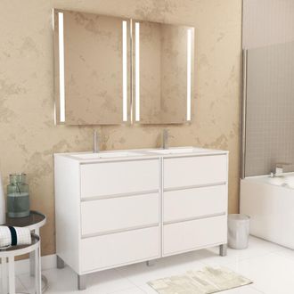 Aurlane meuble salle de bains 120 cm laqué blanc 6 tiroirs, vasque, miroirs 60x80 à leds intégrées - xenos