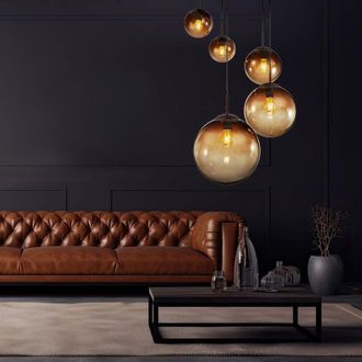 Globo Lighting Pendelleuchte mit Glas Lampenschirmen in amber H&auml;ngeleuchte 5 flammig Retro H&auml;ngelampe, 5x E27, H&ouml;he 150 cm, Kugeln in verschiedenen Gr&ouml;&szlig;en