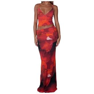 Generic Ensemble de jupes maxi, haut avec imprim&eacute; floral, jupe maxi sexy, tenue de soir&eacute;e pour femme, jupe en cuir ligne A, multicolore, M