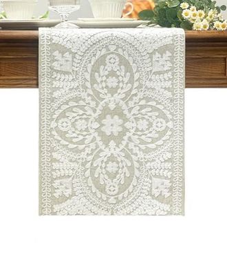 Keva Boho-Tischläufer, 183 cm lang, Bauernhaus-Leinen-Tischläufer, rustikal, Vintage, weiß, Bestickt, 33 x 183 cm, für Esstischdekorationen
