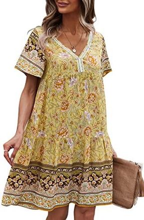 ORANDESIGNE Femme T-Shirt Robe à Col en V dÉté Casual Robe Short Robe De Plage Manches Courte Imprimé Floral Casual Grande Taille Tuniques Ample Mini Robe A-Jaune