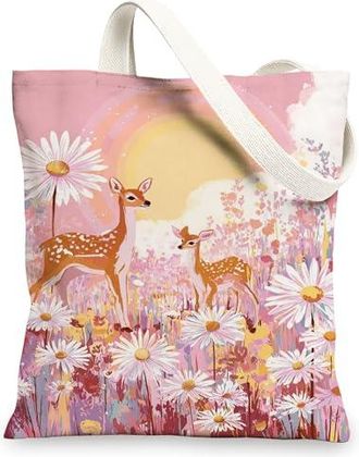 Generic Sacs fourre-tout en toile à motif de cerf mignon, sacs dépicerie réutilisables, légers et lavables avec bandoulière pour salle de sport, extérieur, vo