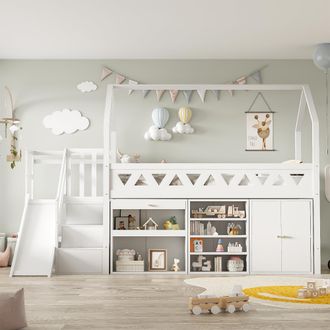 Generic Merax Kinderbett Hochbett 90x200 cm, mit Treppe Staufach Stauraum,Rutsche,Schreibtisch,Schließfach,Platzsparendes Kinder Einzelbett mit Lattenrost und